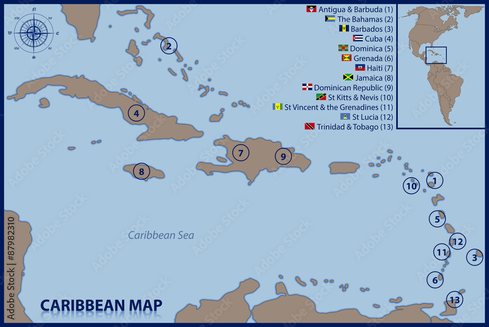 Caribbean Map with Flags and Location Stock Vector | Adobe Stock
