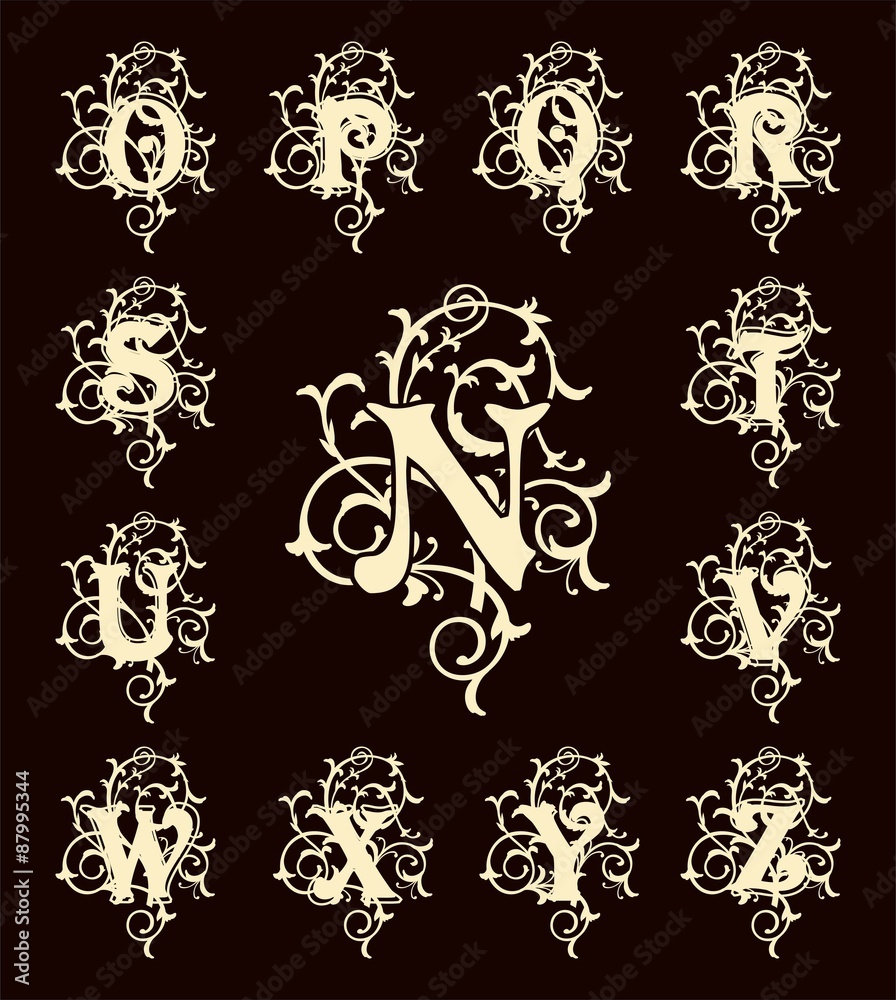 Vintage set capital letters, floral Monograms and filigree font. Stock ...