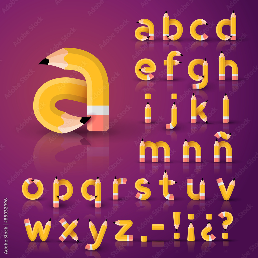 Vector alphabet of wood pencil shaped like letters. Yellow pencil ...