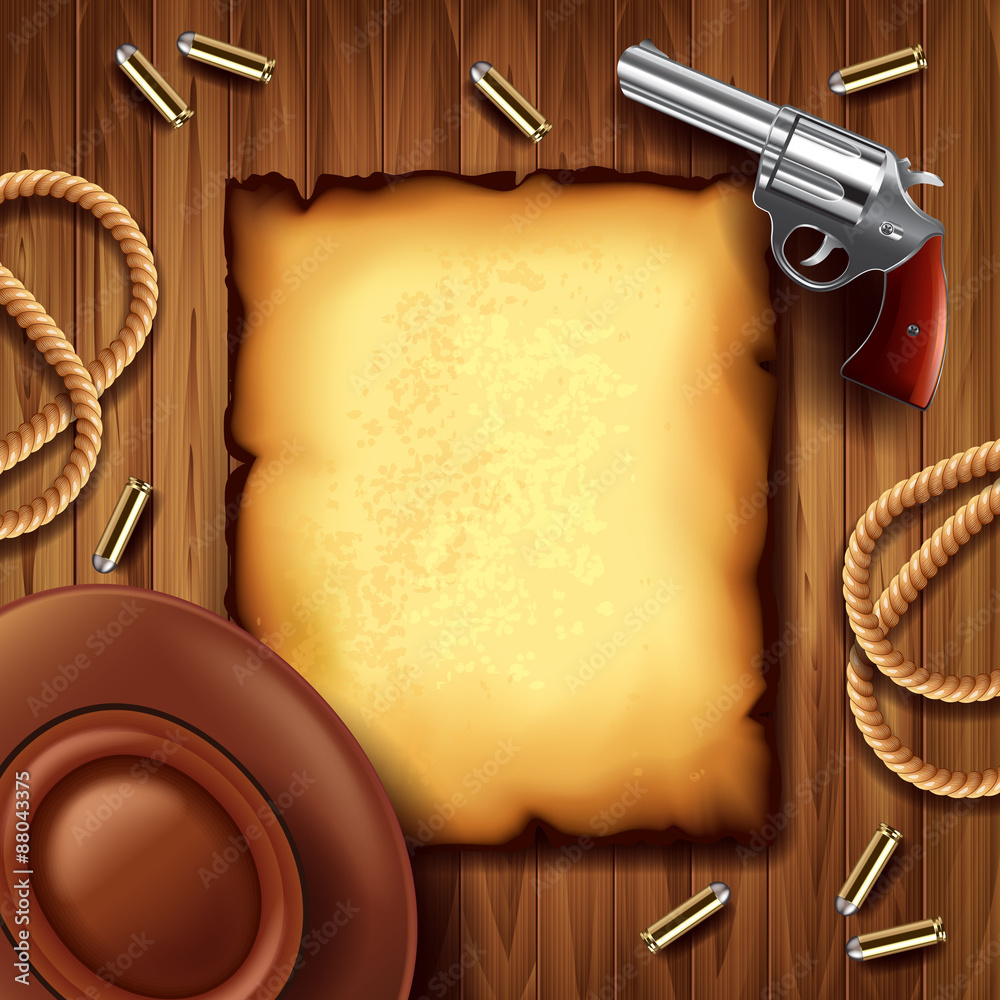 Wild west poster with cowboy stuff background Stock Vector | Adobe Stock