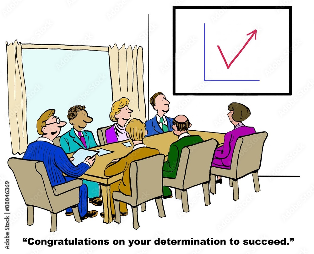 Business cartoon showing people in a meeting and chart showing a sales ...