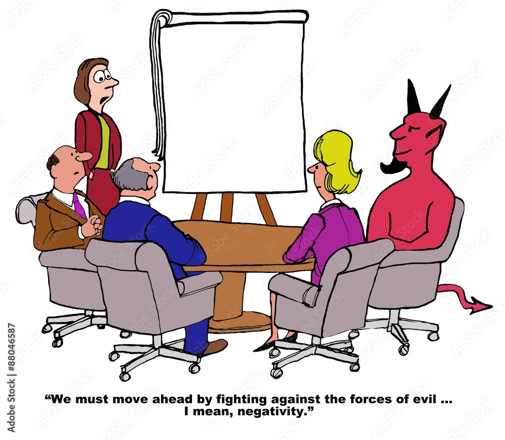 Business cartoon showing people at a meeting, including the devil ...