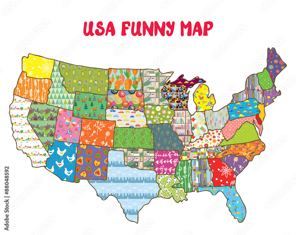United States funny map with patterns - design for kids Stock Vector ...