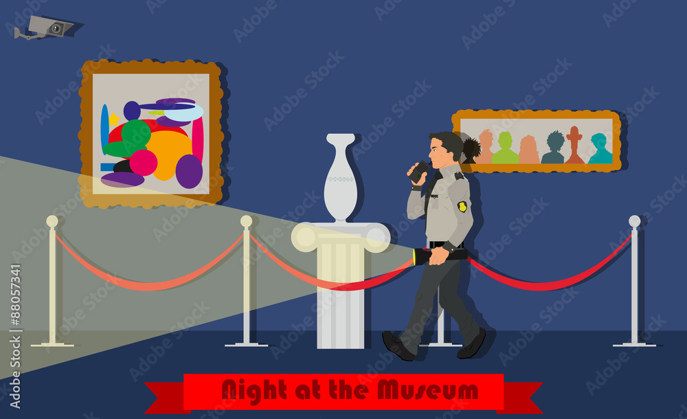 Night at the Museum. Museum security guard patrols at night. Vector ...