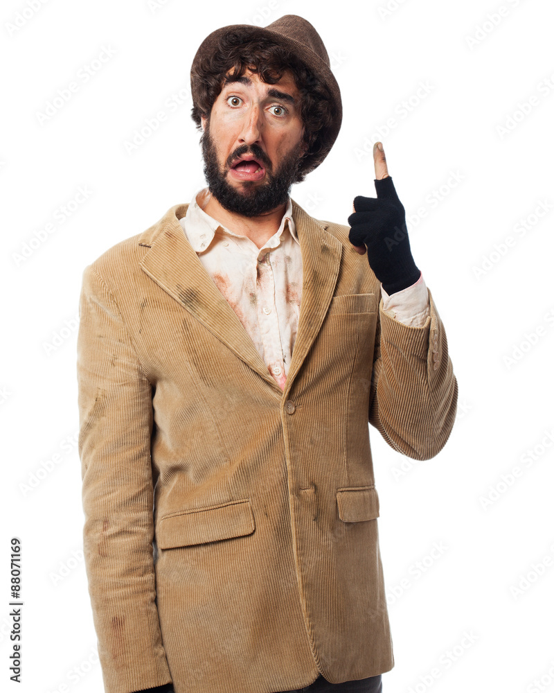 sad homeless man pointing up sign Stock Photo | Adobe Stock