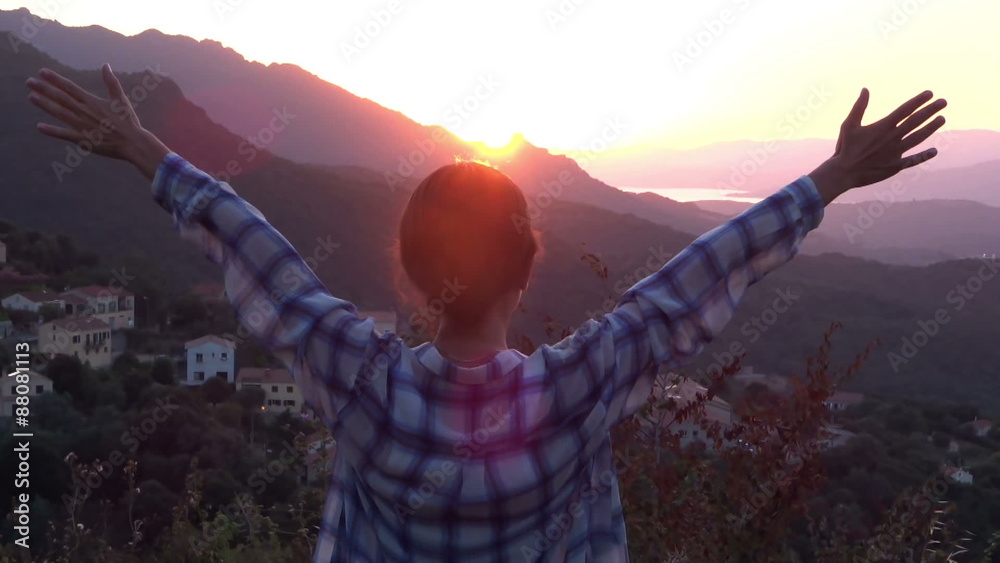 Happy woman open arms under the sunset in the mountains Stock Video ...