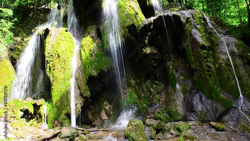 Close-up view of the most famous waterfall in Europe, Bigar, with the ...