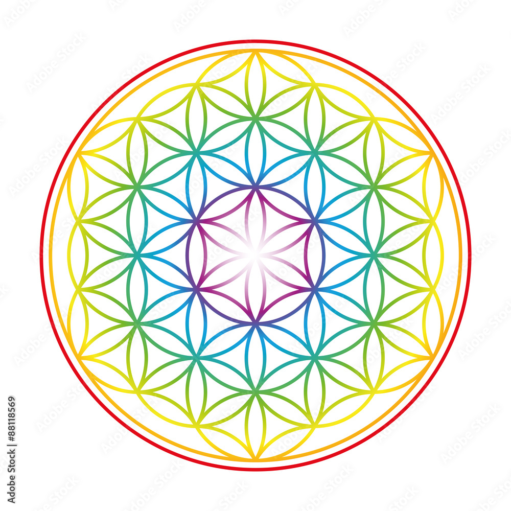 Flower of Life shown as an gently glowing rainbow colored symbol of ...