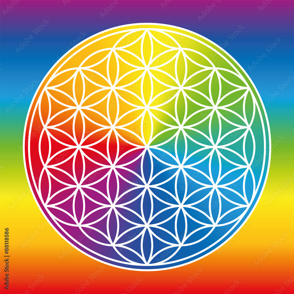 Flower of Life represented as a luminous rainbow color wheel. Vector ...