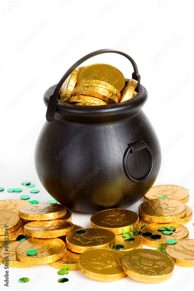 Pot of Gold for St. Patricks Day – A black pot of gold with gold coins ...