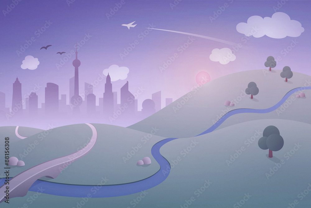 Landscape with City Skyline at Sunrise - a simple and modern landscape ...