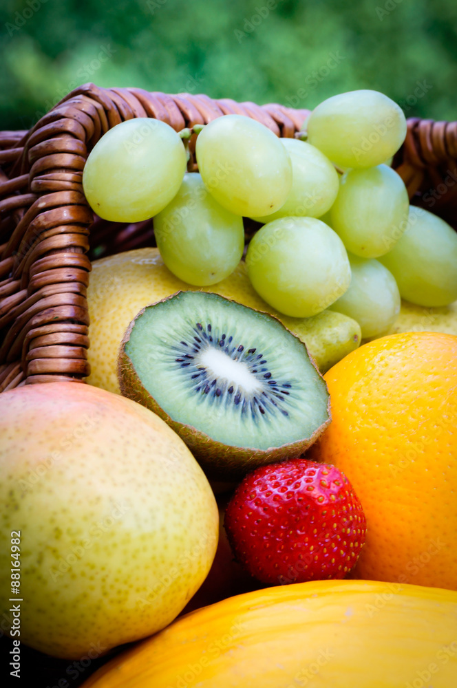 Gefüllter Obstkorb im Garten Stock-Foto | Adobe Stock