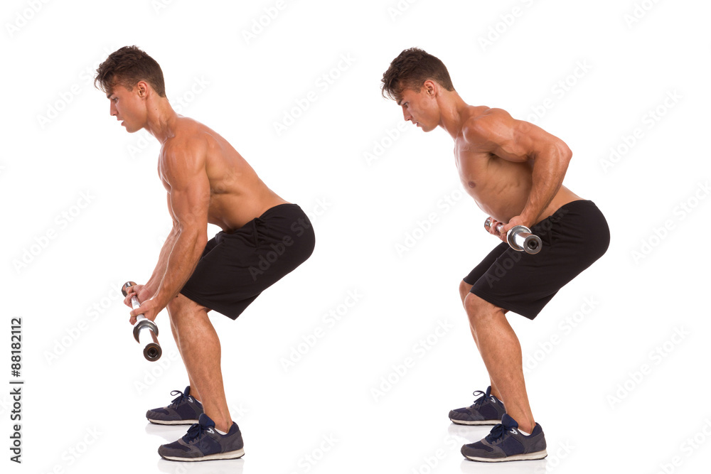 How To Do A Barbell Row. Muscular man showing a barbell row exercise ...