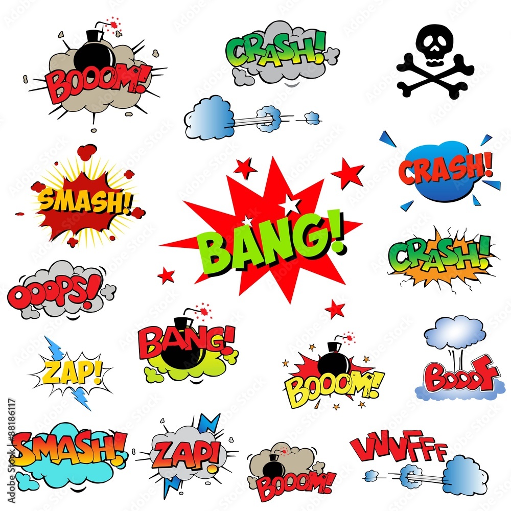 Colored explosion comic with sound effects. Stock Vector | Adobe Stock