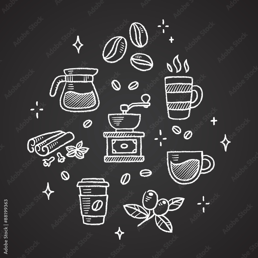 Set of chalk coffee drawings. Beans, cups, spices and more. Stock ...