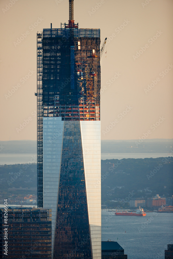 One World Trade Center Tower nearing completion. This modern skyscraper ...