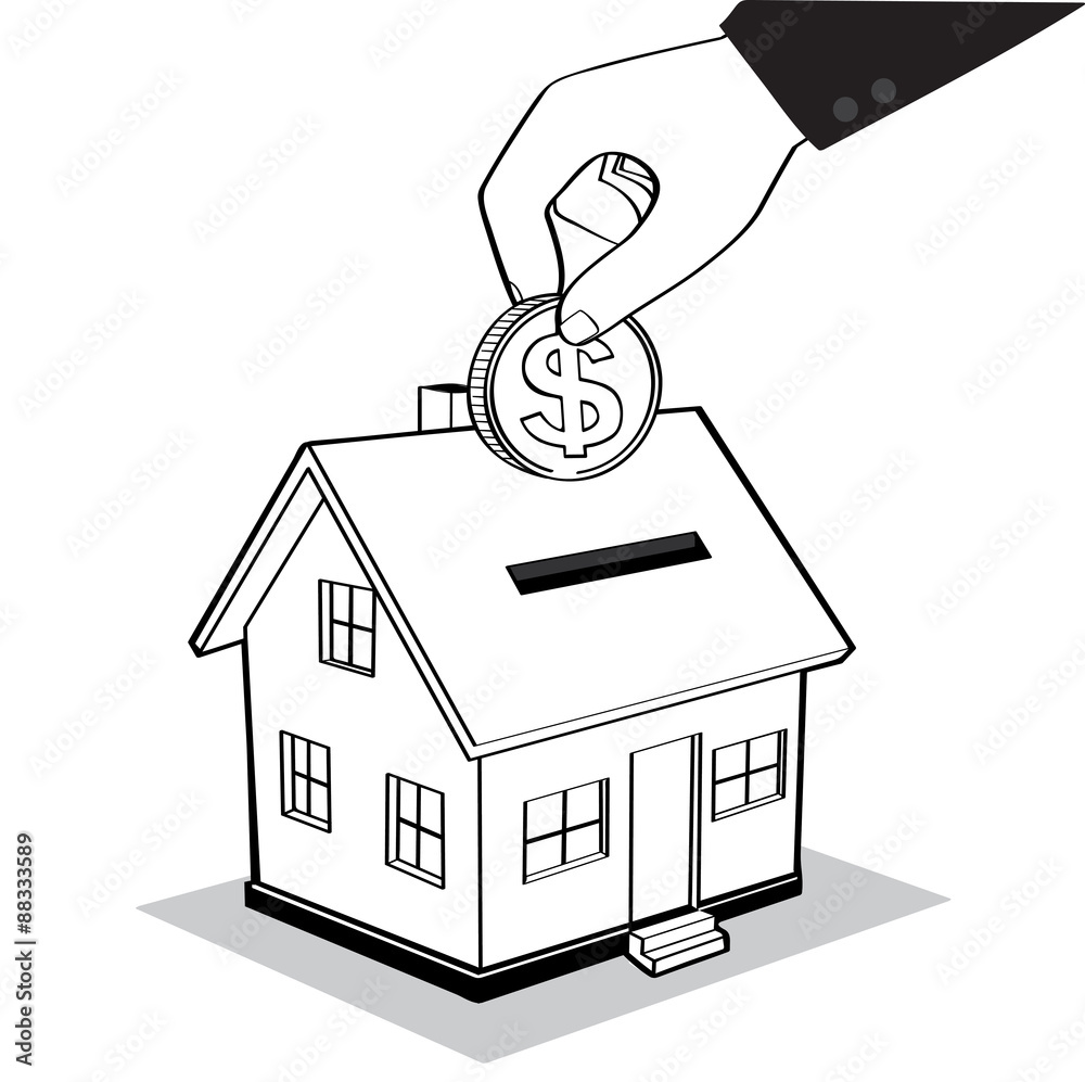 Hand putting dollar coin inside house line drawing, Business concept ...