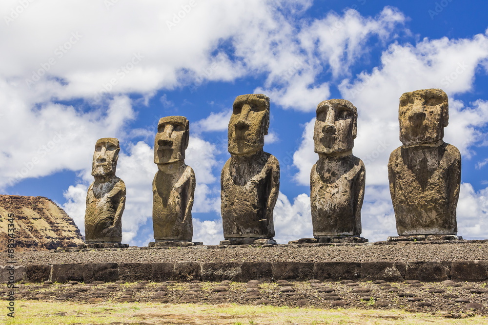 Details of moai at the 15 moai restored ceremonial site of Ahu ...