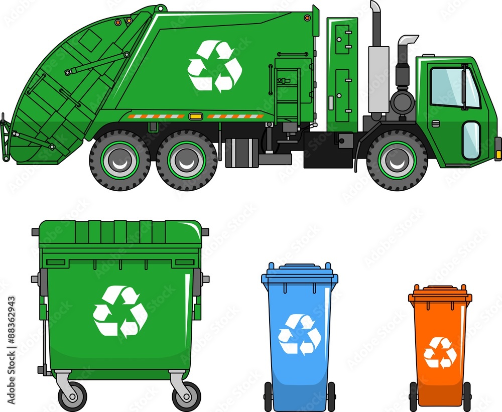 Garbage truck and different types of dumpsters on a white background in ...