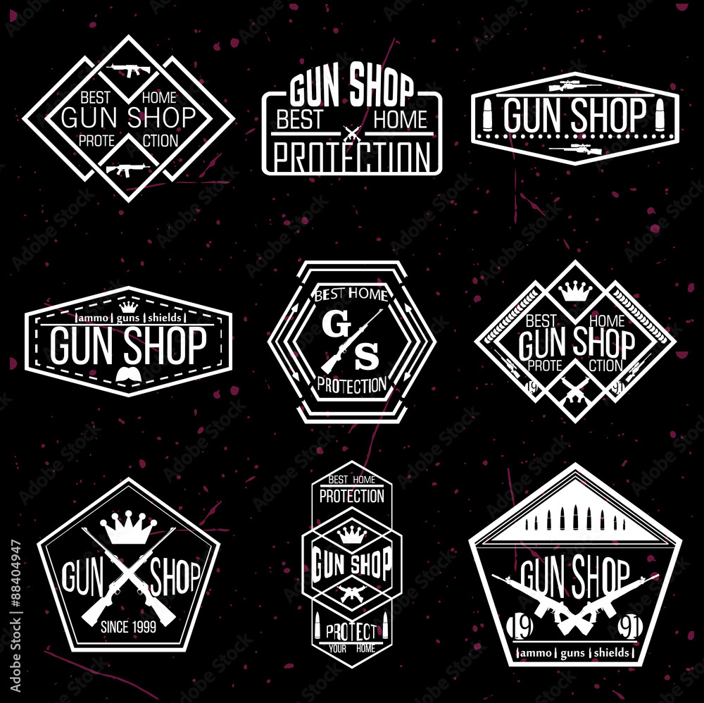 Gun shop logotypes and badges vector set Stock Vector | Adobe Stock