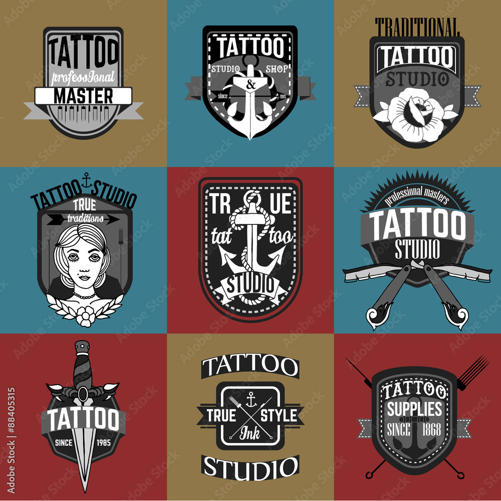 Tattoo logos and badges vector set Stock Vector | Adobe Stock