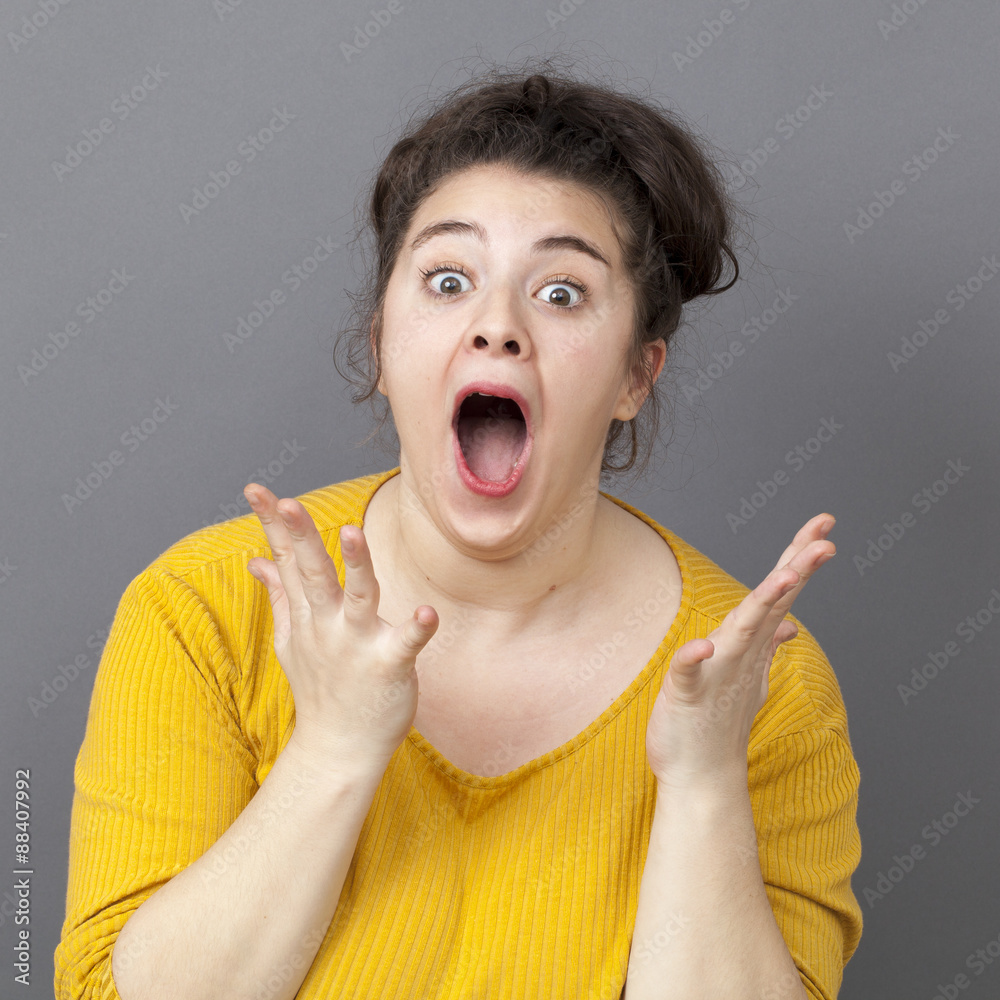 surprise and success concept - extrovert big woman expressing herself ...