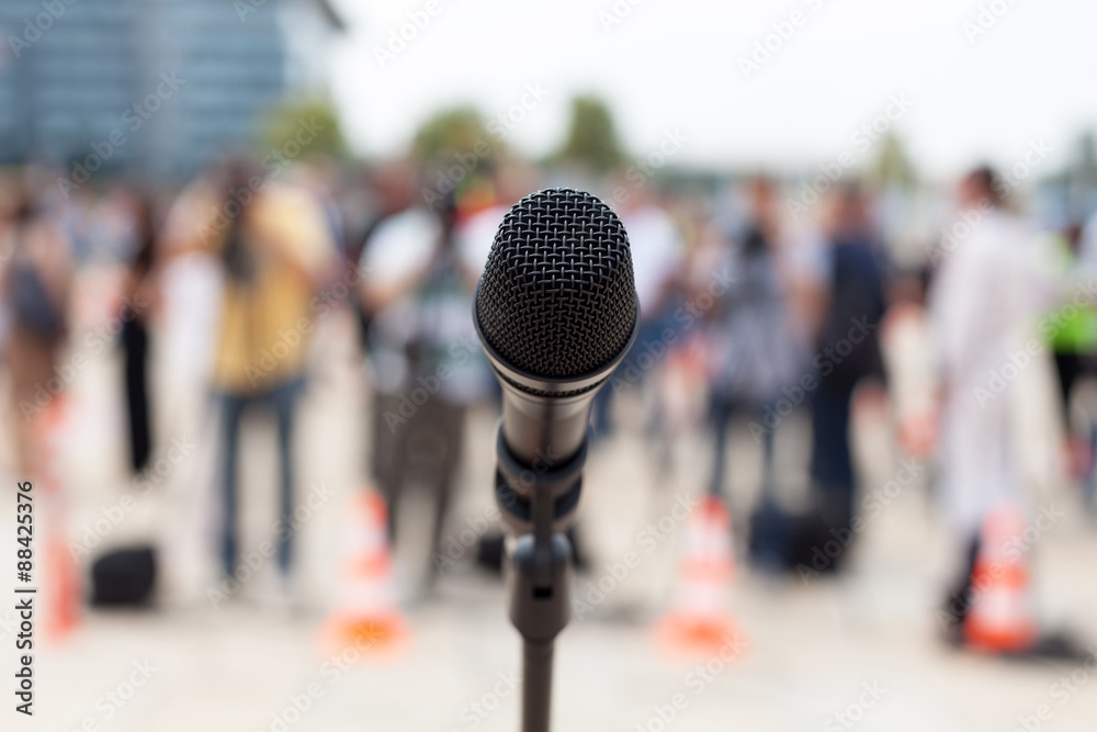News conference. Microphone. Stock Photo | Adobe Stock