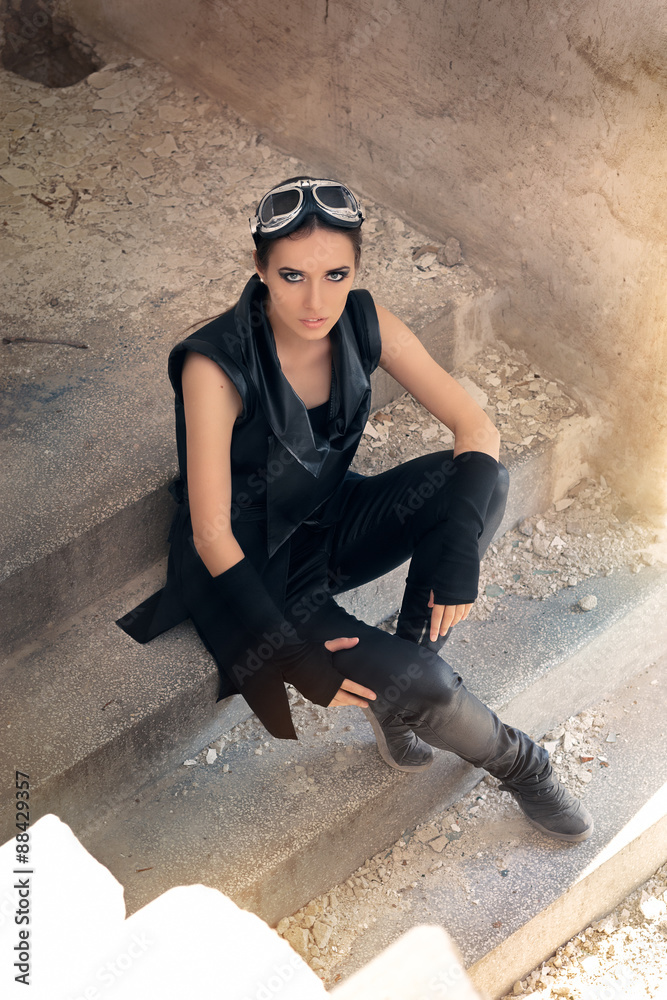 Steampunk Female Warrior in Post Apocalyptic Scenario Stock Photo ...