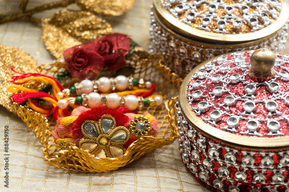 Rakhi thread with decorated boxes Stock Photo | Adobe Stock