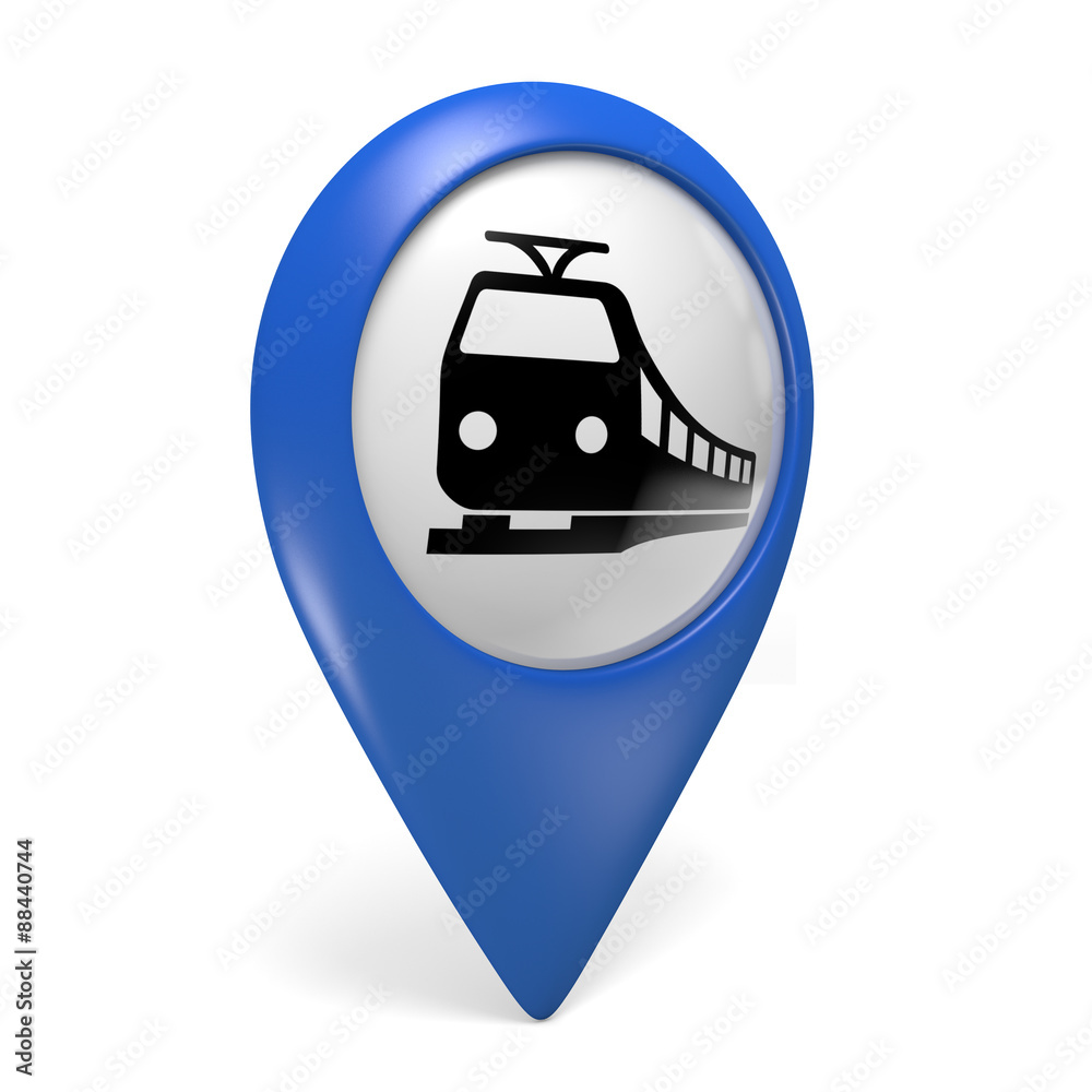 Blue map pointer 3D icon with a train symbol for railway stations Stock ...