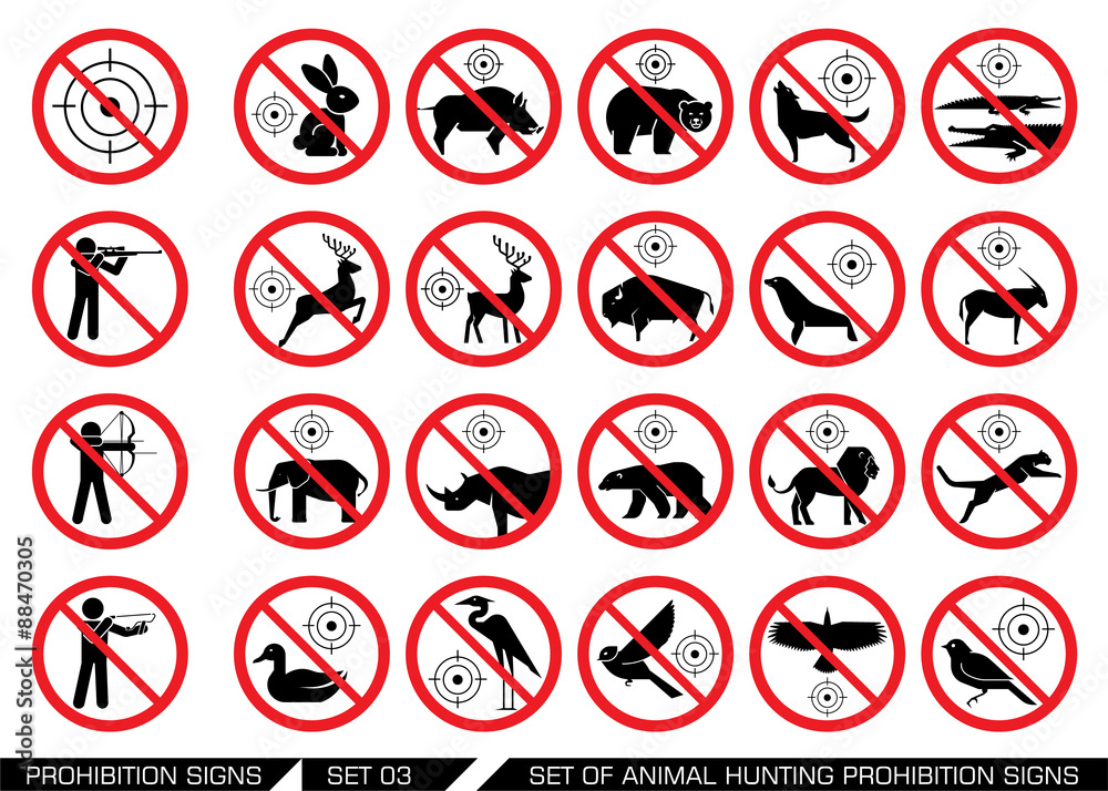 Set of animal hunt prohibition signs. Collection of signs that prevent ...