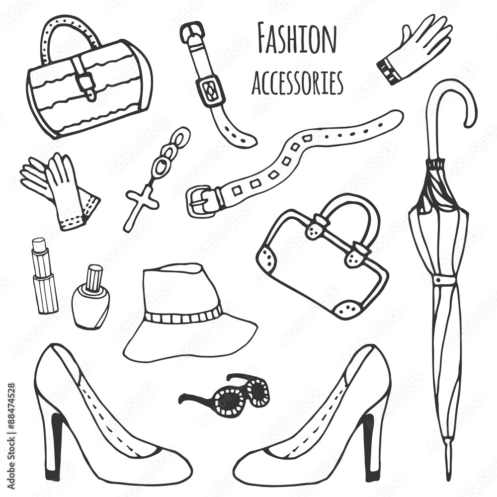 Sketch collection of women accessories. Fashion set. Hand drawn vector ...