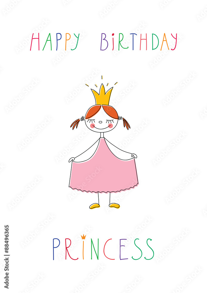 Design of doodle birthday greeting card with cute little princess on ...