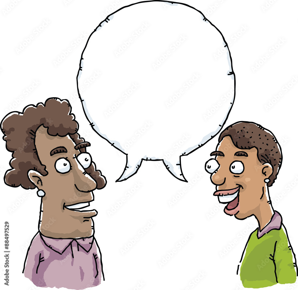 Two cartoon women enjoy a friendly chat with a blank speech bubble ...