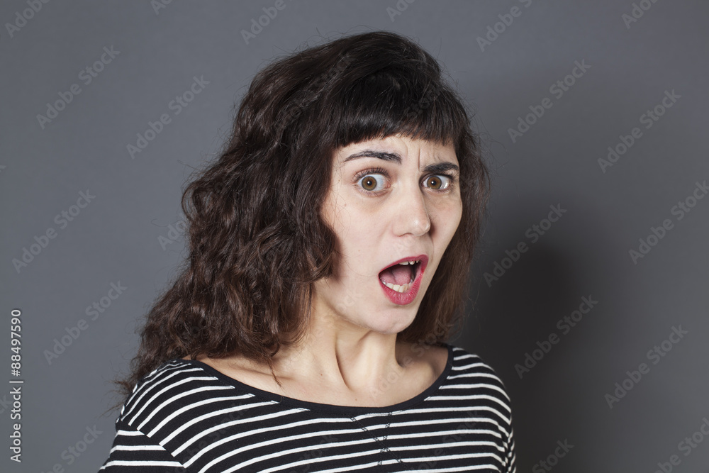 fear concept - unhappy 20s woman with brown hair looking scared,studio ...