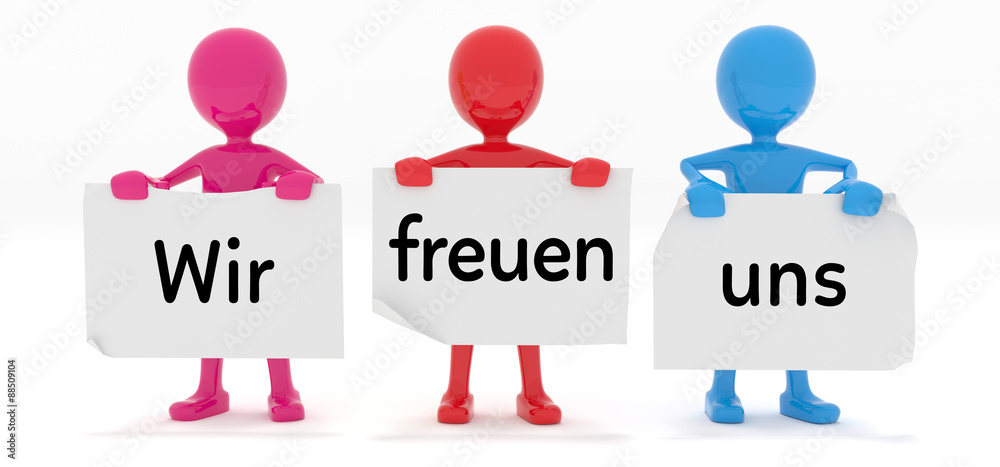 3D Männchen mit Schild „Wir freuen uns“ Stock Illustration | Adobe Stock