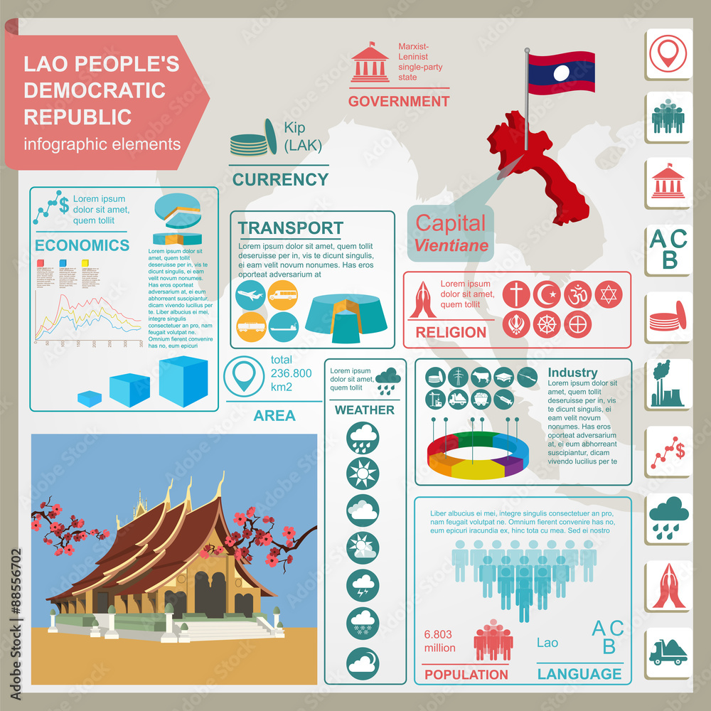 Laos infographics, statistical data, sights. Stock Vector | Adobe Stock