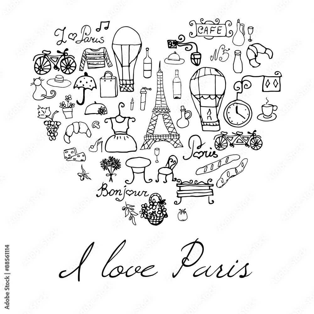 Paris doodles elements. Hand drawn set withefel tower bred cafe flowers ...