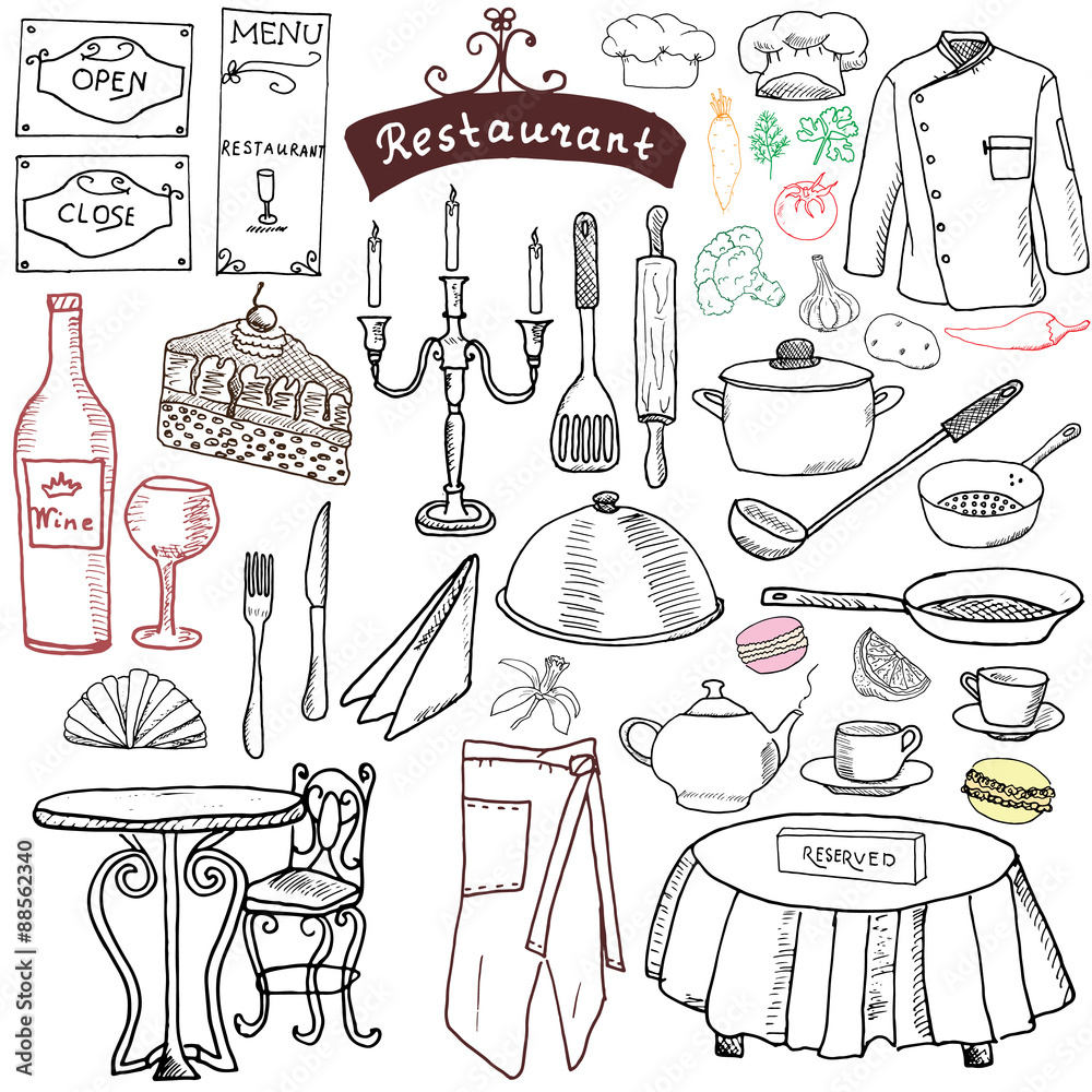 Restaurant sketch doodles set. Hand drawn elements food and drink ...