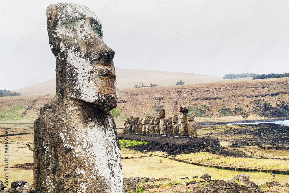 15 moai (statues) on a platform at Ahu Tongariki, the largest platform ...