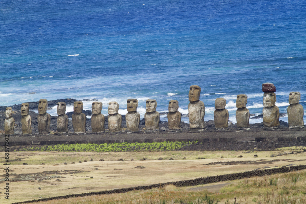 15 moai (statues) on a platform at Ahu Tongariki, the largest platform ...