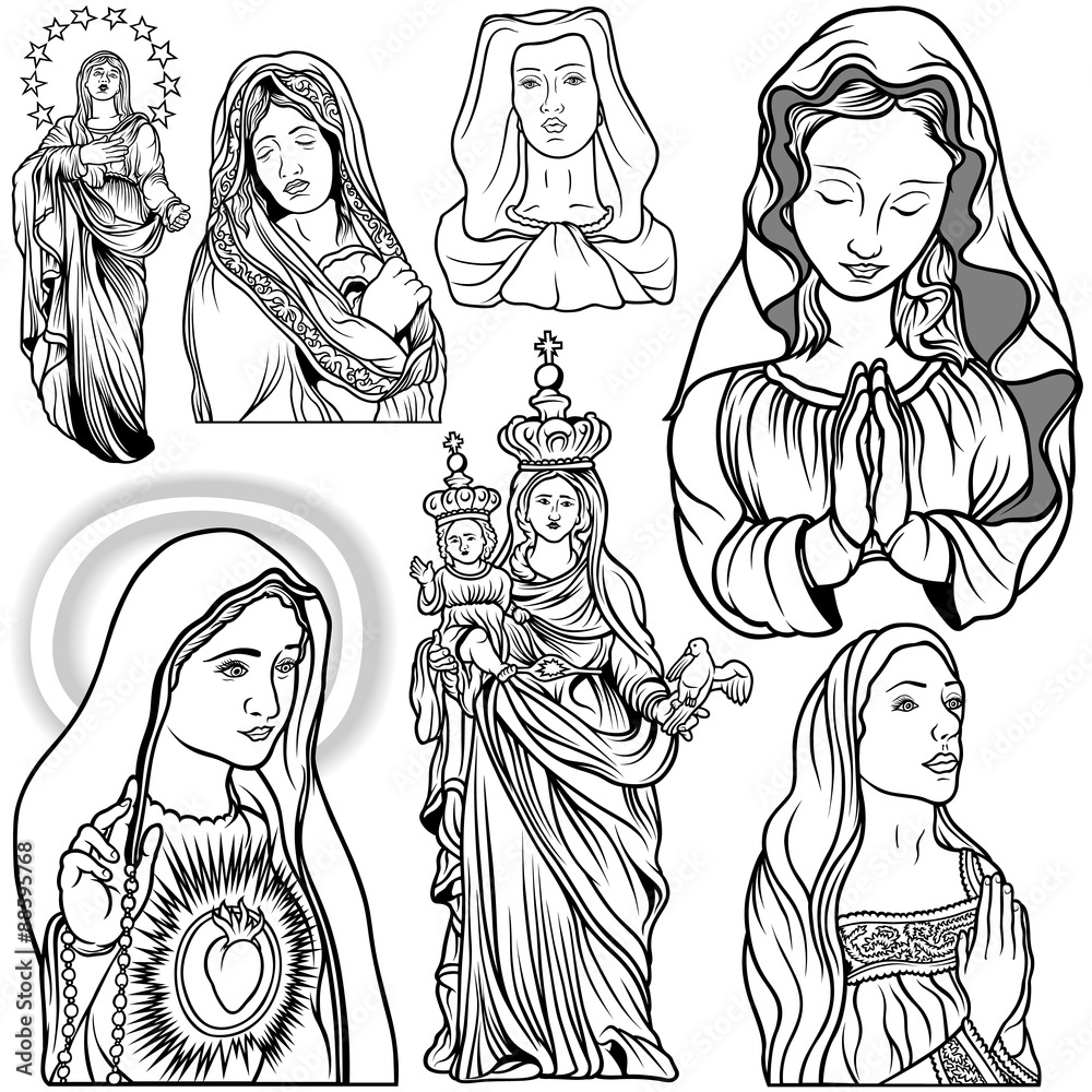 Poster Virgin Mary Set - Black and White Outlined Illustrations, Vector ...