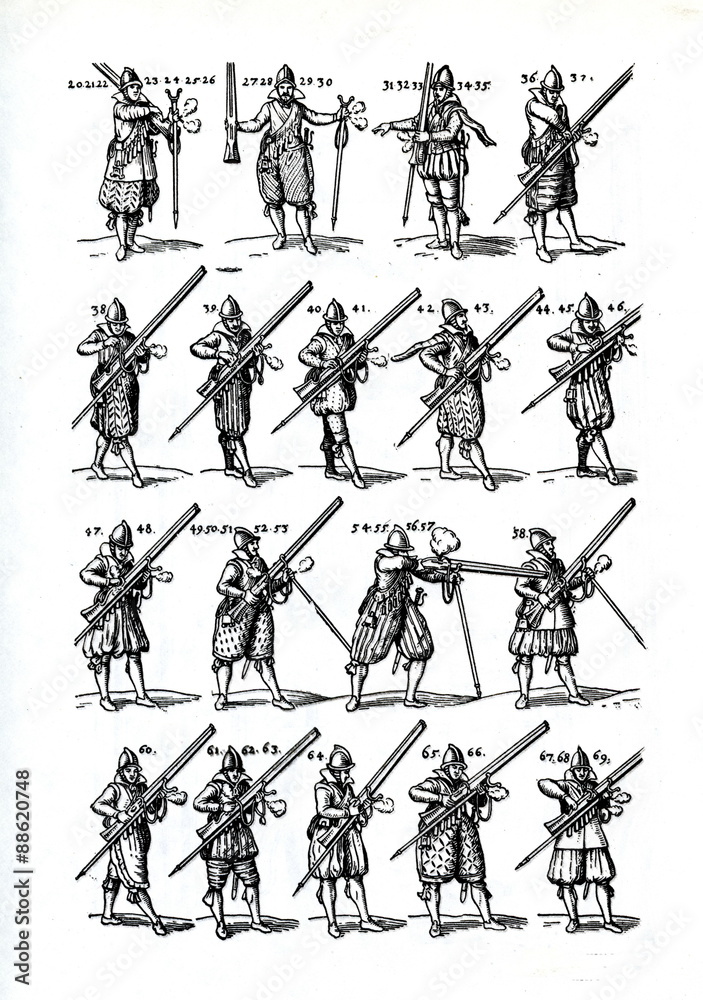 Steps required to load and fire an musket (17 century) ilustração do ...