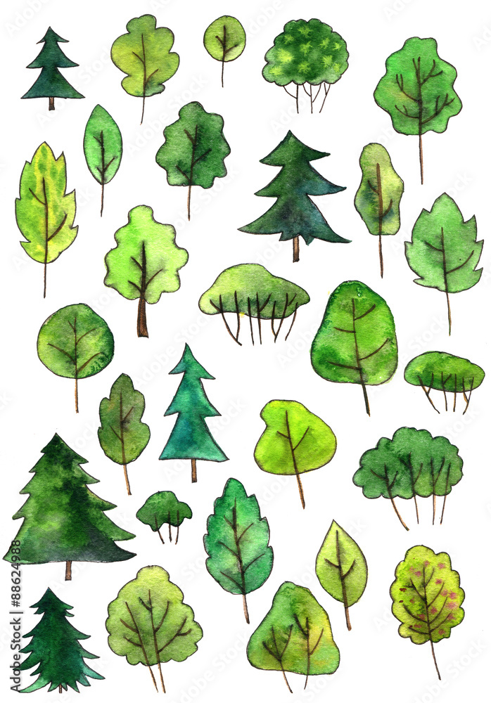 set of cartoon trees drawing by watercolor Stock Illustration | Adobe Stock