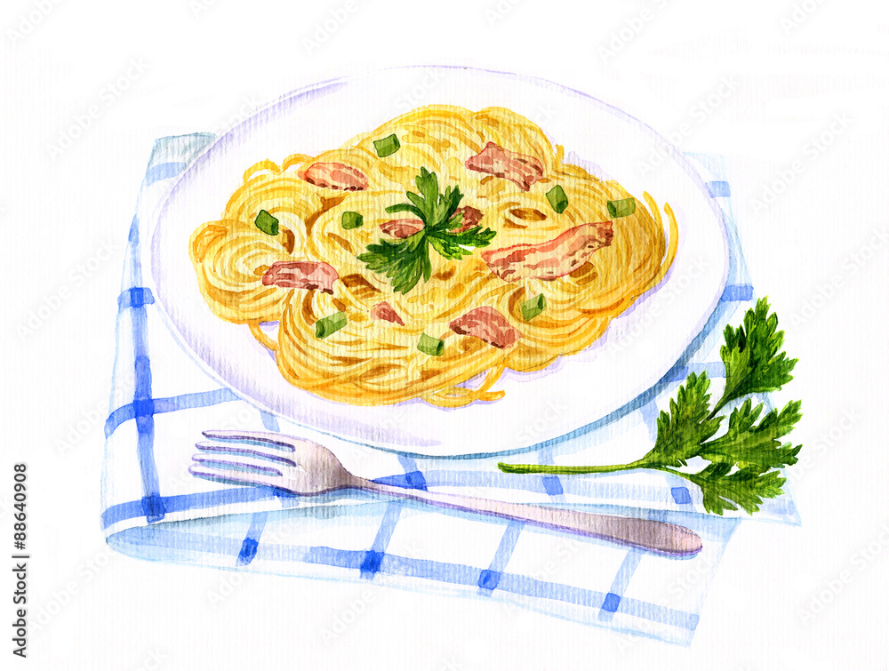 spaghetti carbonara painting by watercolor Stock Illustration | Adobe Stock
