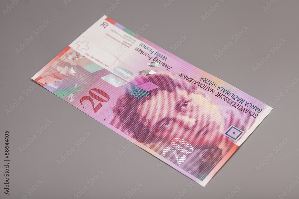 20 Swiss francs, currency of switzerland isolated on gray Stock Photo ...