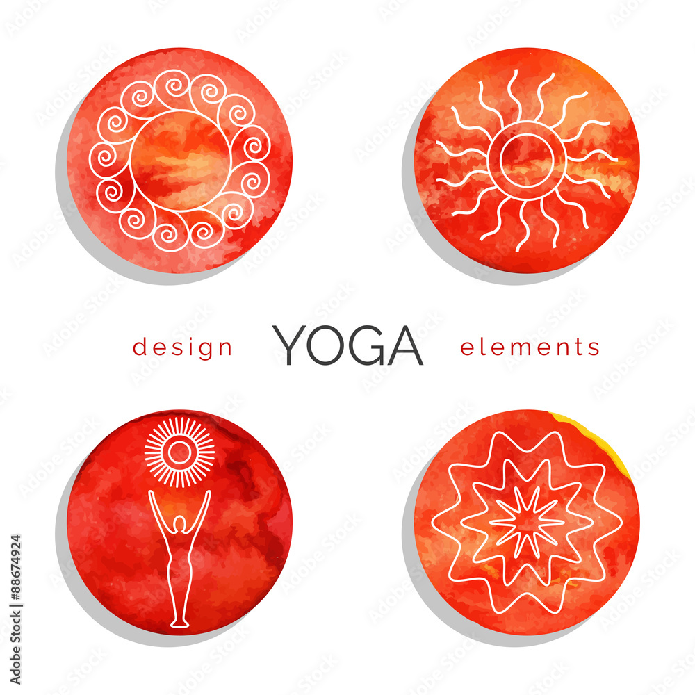 Vector yoga illustration. Set of linear yoga icons, yoga logos in ...