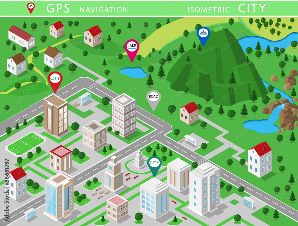 Isometric landscapes with city buildings, village, roads, parks, plains ...