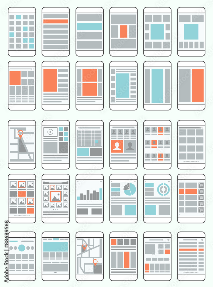 Mobile phone flow charts, wireframes, set of interface layouts fo Stock ...