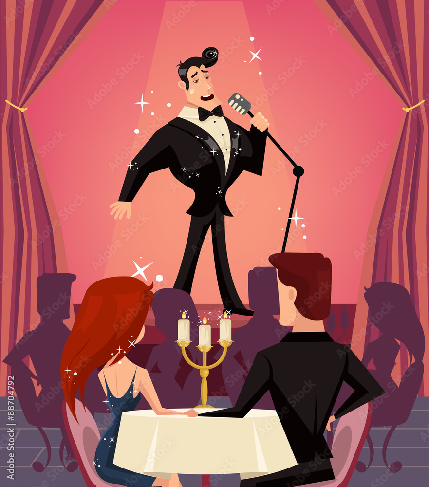 Singer in restaurant. Vector flat cartoon illustration Stock Vector ...